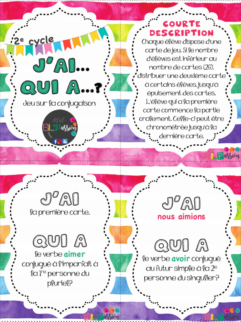 Jeu de conjugaison : J'ai... Qui a...? | PDF | Verbe | Nombre grammatical