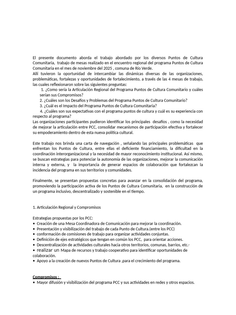 Sistematizacioìn Encuentro Regional Programa PCC, Rio Verde 2024 | PDF