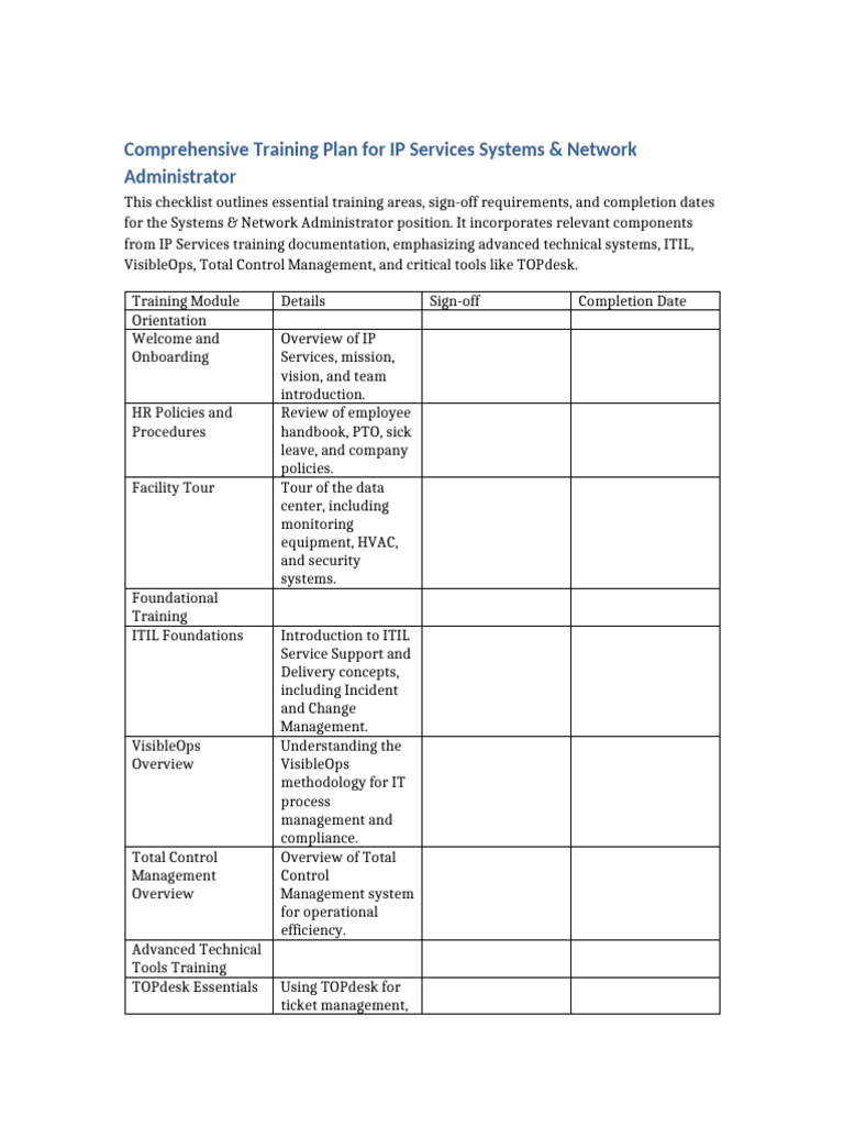 Systems - Network - Administrator - Training - Plan - Version - 1.1 ...