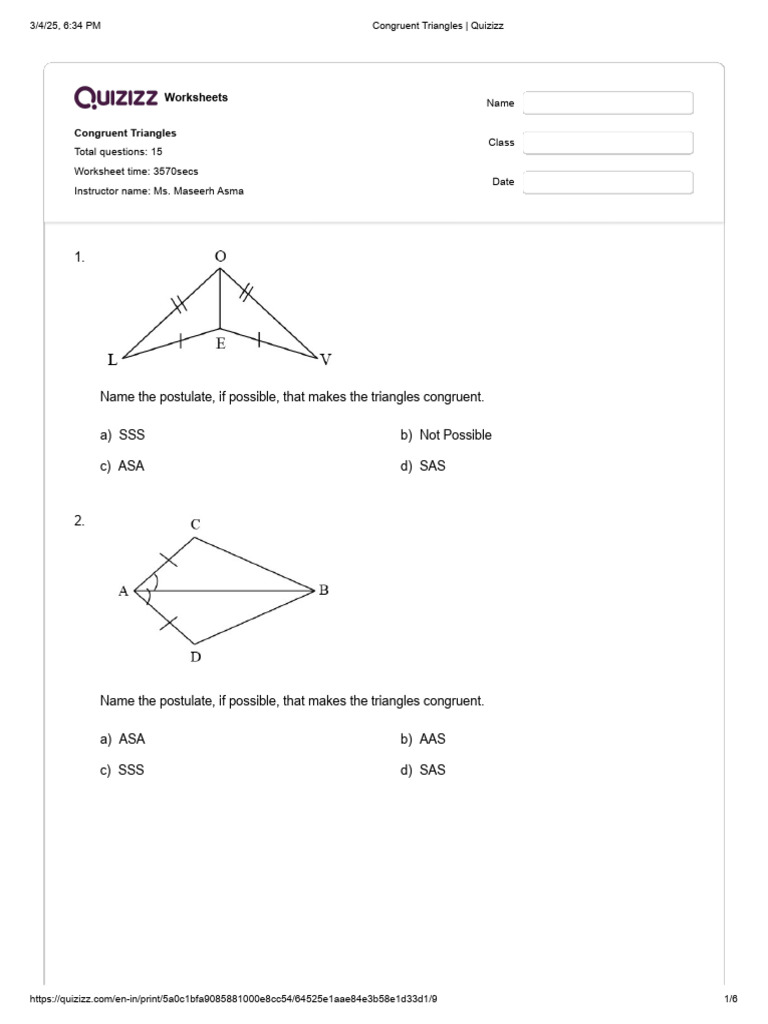 Congruent Triangles Worksheet | PDF | Euclidean Geometry | Euclid