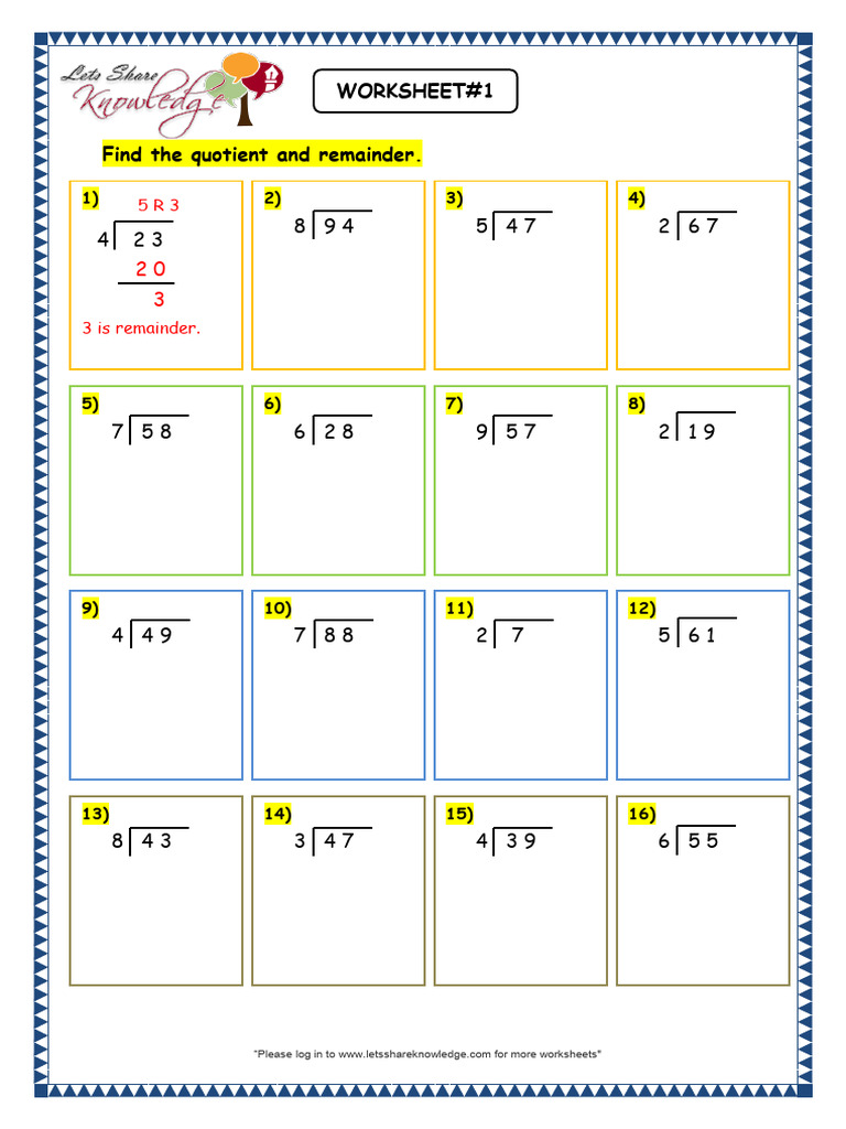 Grade 3 Maths Worksheets Long Division With Remainder Page 2 | PDF