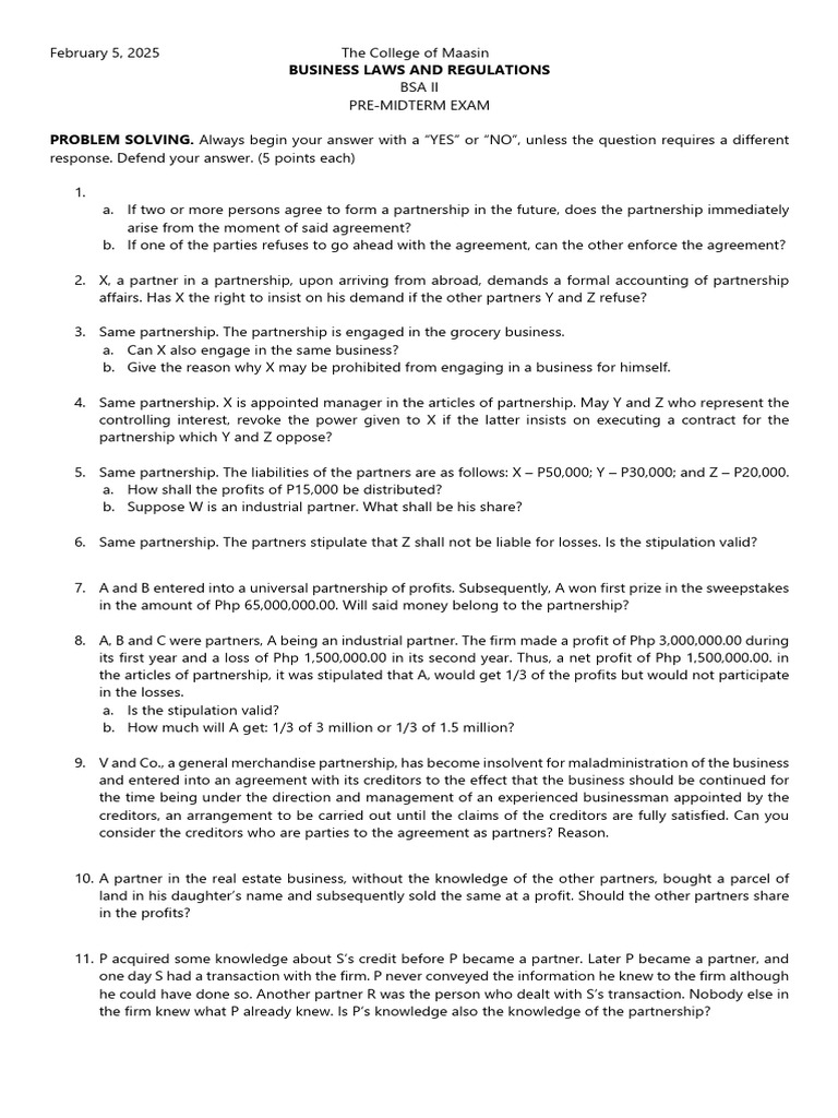 Pre Midterm Exam | PDF | Partnership | Private Law