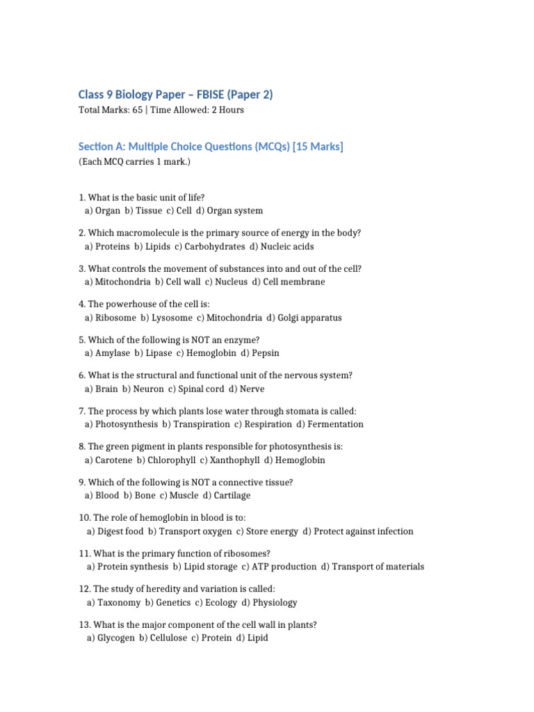 Class_9_Biology_Paper_2_FBISE | PDF | Cell (Biology) | Plants