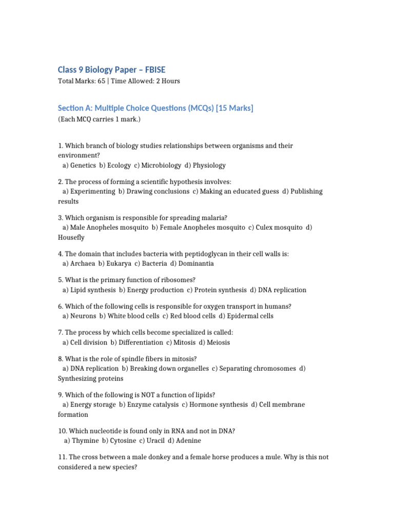 Class 9 Biology Paper FBISE | PDF | Cell (Biology) | Biology