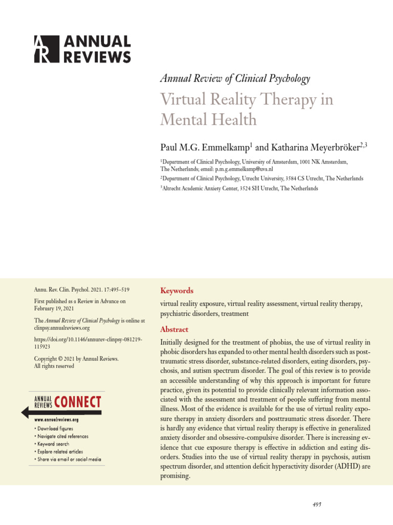 Virtual Reality Therapy in Mental Health | PDF | Cognitive Behavioral ...