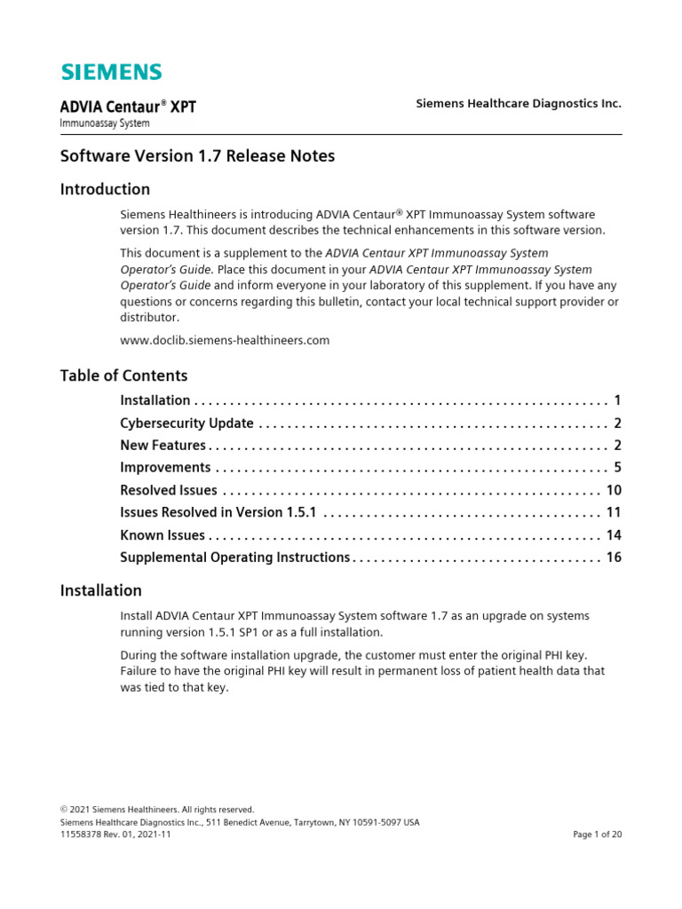 ADVIA Centaur XPT Immunoassay System Software Version 1.7 Release Notes ...