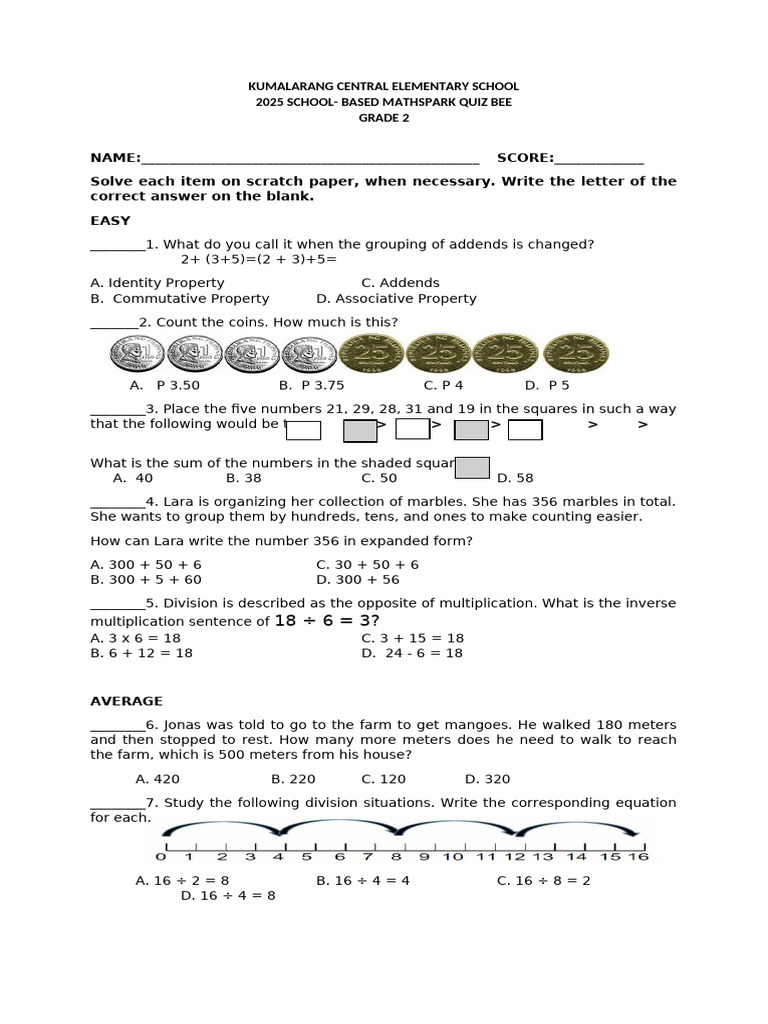 Grade 2 Math Quiz Bee 2025 | PDF | Mathematics | Mathematical Objects