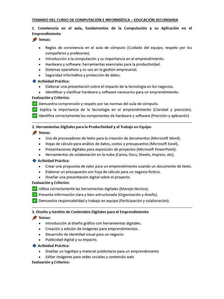 Temario Computación - Secundaria | PDF | Informática | Software