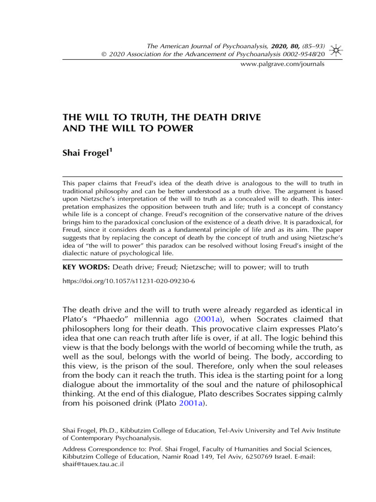 FROGEL, Shai. The will to truth, the death drive and the will to power ...