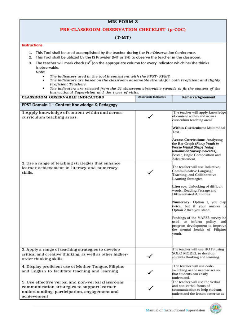 Labid Annex 3 Mis Form 3 Pre Classroom Observation Checklist p Coc | PDF | Learning | Teachers