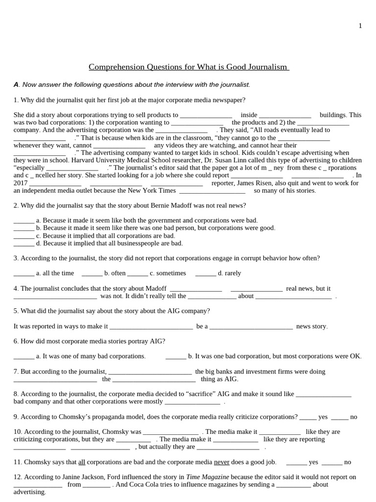 Vocabulary and Comprehension Questions For 'What Is Good Journalism ...
