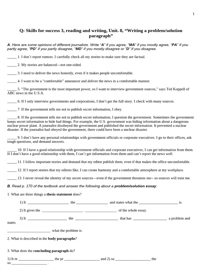 Unit 8 Writing Problem-Solution Essay | PDF