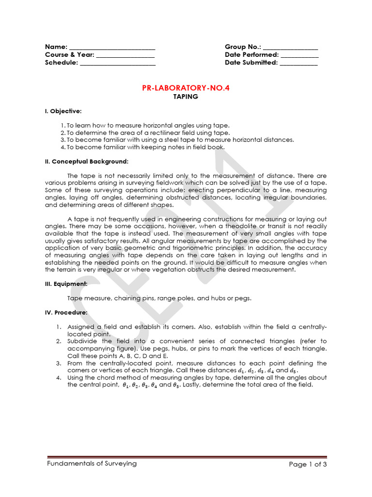 Fundamentals of Surveying PR Laboratory No.4 | PDF | Triangle | Surveying