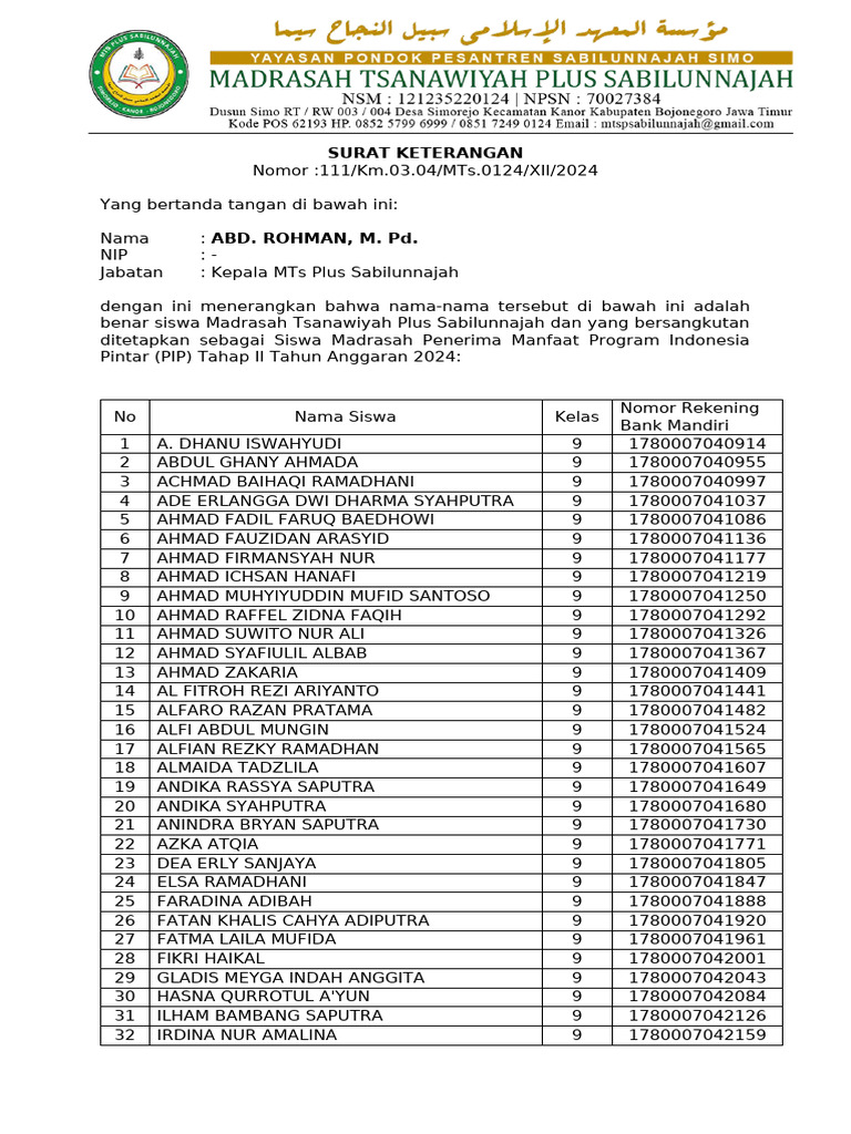 Form-PIP.04 - Surat Keterangan Kepala Madrasah 1-1 | PDF
