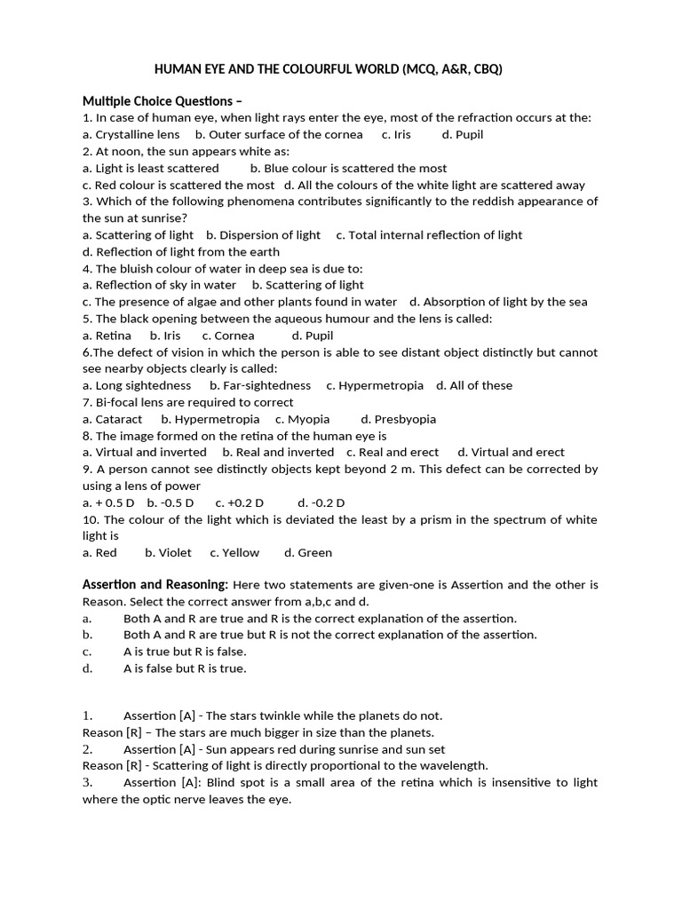 Human Eye and The Colourful World MCQ A&r CBQ | PDF | Rainbow | Human Eye