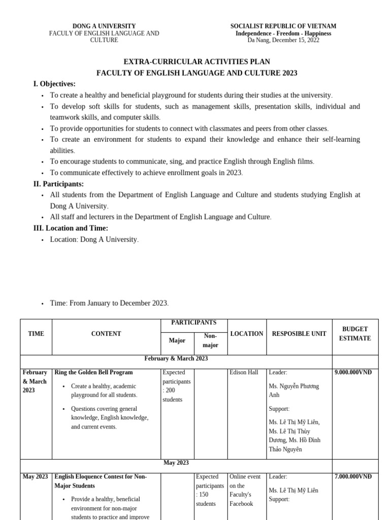Extra-Curricular Activities Plan 2023 | PDF