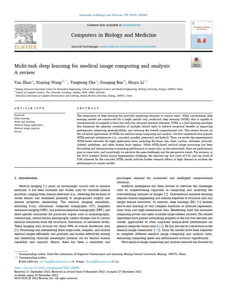 Multi Task Deep Learning For Medical Image Comput - 2023 - Computers in Biology | PDF | Image ...
