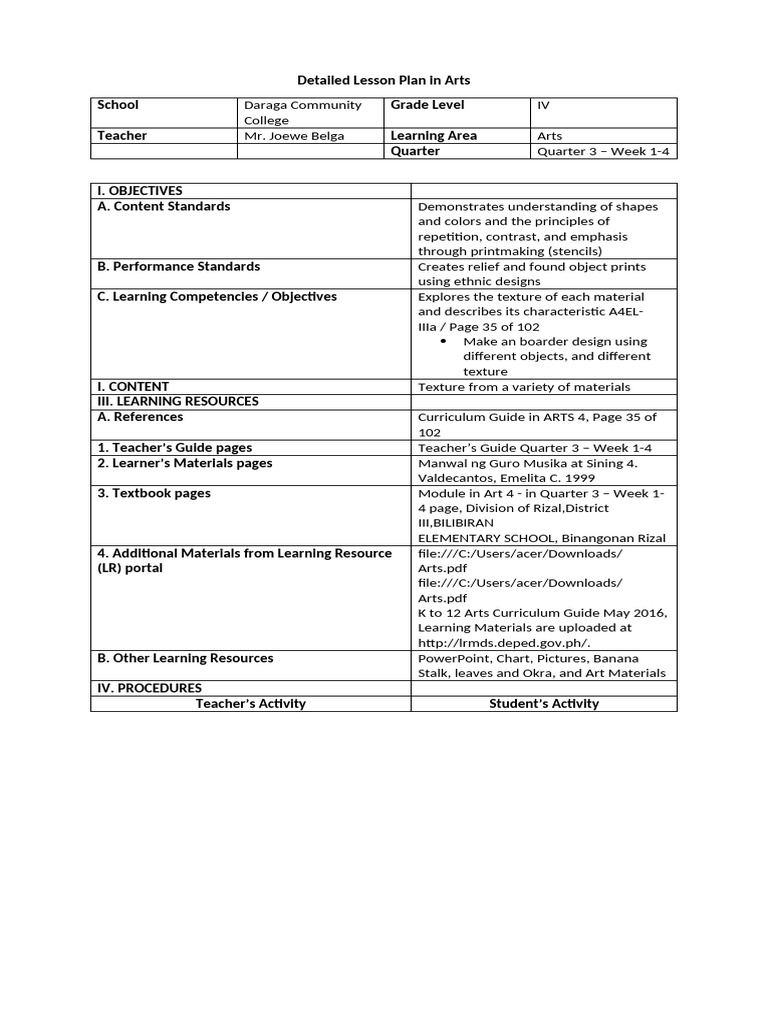 4th Grade Art Lesson Plan: Textures | PDF | Learning