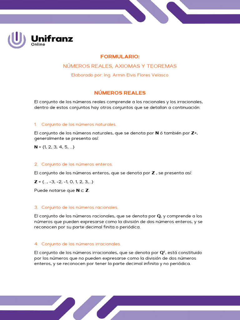 FORMULARIO Numeros Reales, Axiomas y teoremas Semana 1 Ing Armin Flores | PDF | Número racional ...