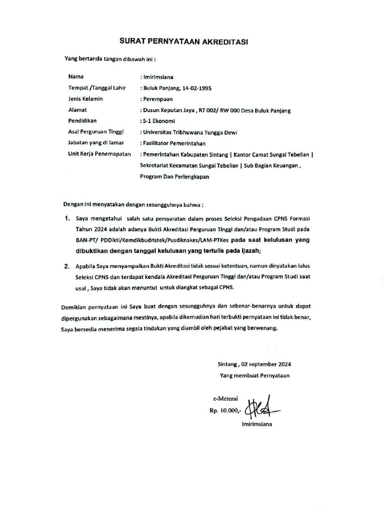 Surat Pernyataan Akreditasi | PDF