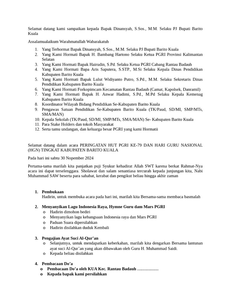 Susuna Acara Peringatan HUT GURU dan HGN 2024 Kec. Rantau Badauh | PDF
