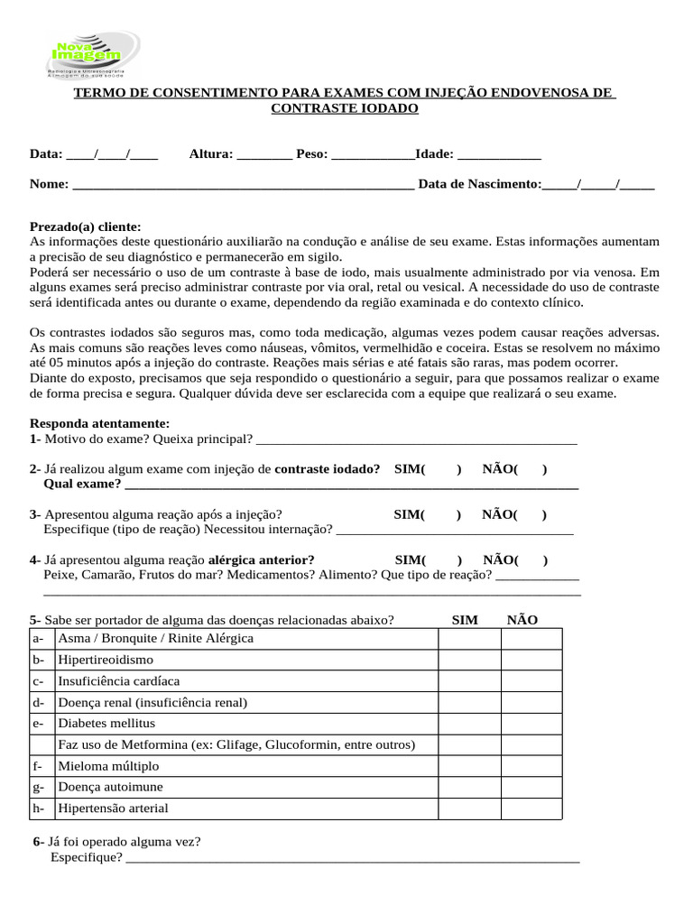Consentimento para Exame com Contraste Iodado | PDF | Alergia ...