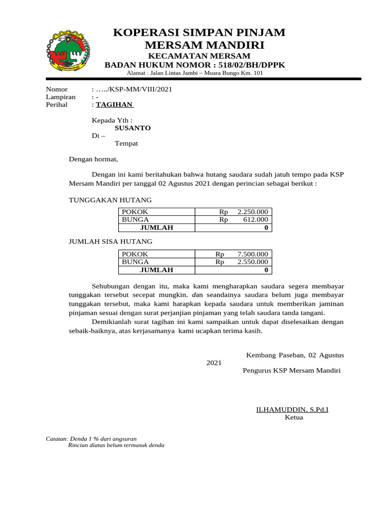 Surat Tagihan Tunggakan+sisa | PDF