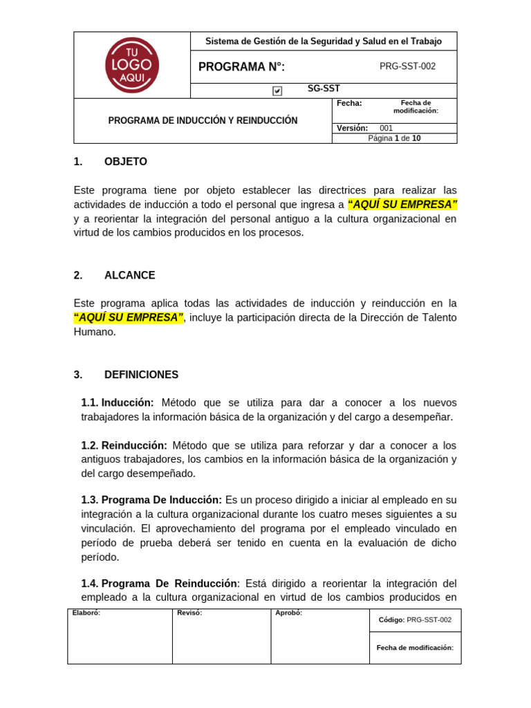PRG-SST-002 Programa de Inducción y Reinducción | PDF | Business | Gestión de recursos humanos