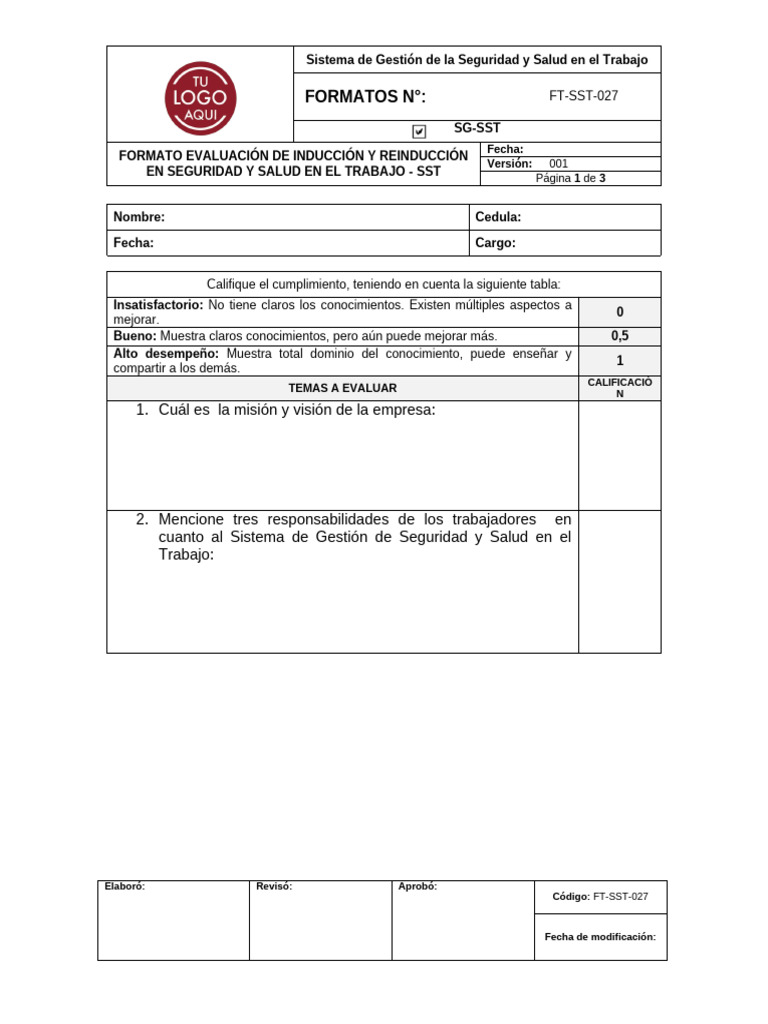 FT-SST-027 Formato Evaluación Inducción y Reinducción de SST | PDF