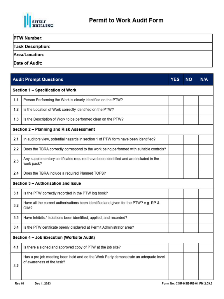 1d. Shelf Drilling Permit To Work Audit Form | PDF | Audit | Safety