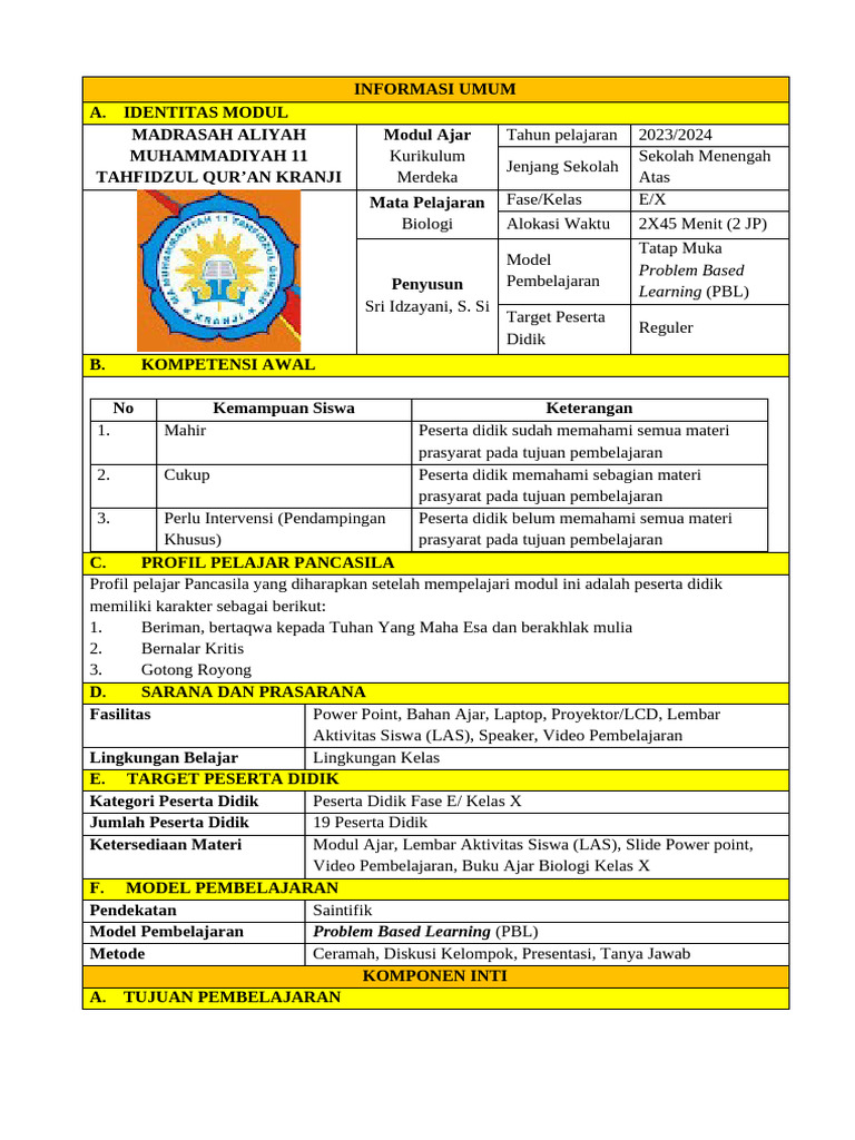 Modul Ajar Virus PBL Kelas 10 | PDF