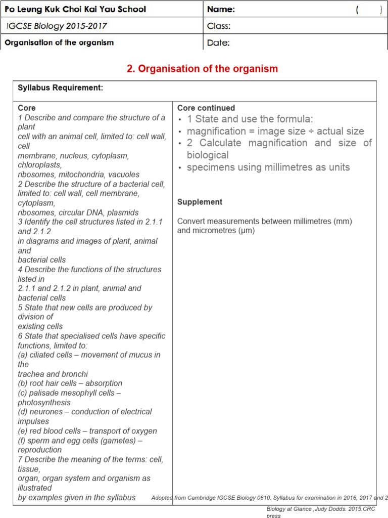 Organisation of The Organism Workbook | PDF | Cell (Biology) | Bacteria