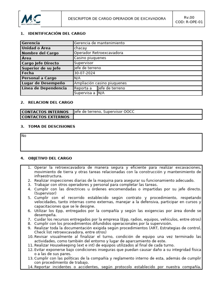 Descriptor de Cargo Operador Retroexcavadora | PDF | Radiación