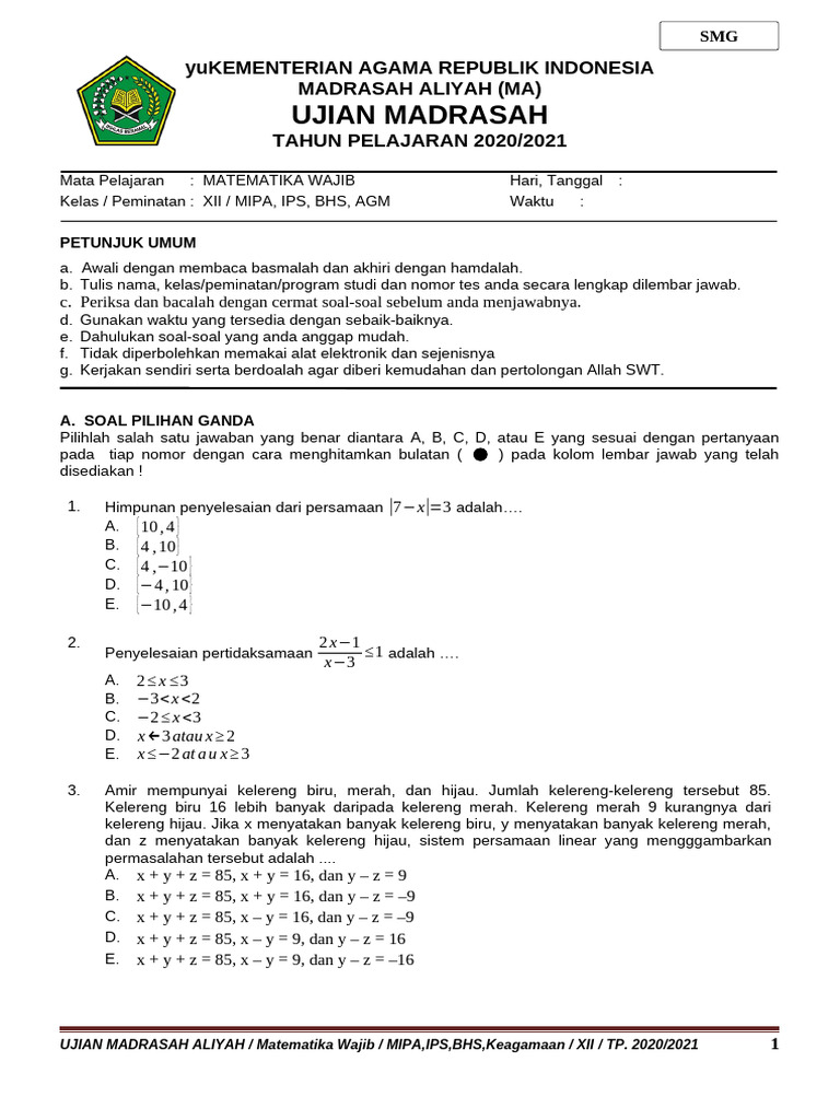 Soal Um Matematika Wajib 2021 Tanpa Kunci | PDF