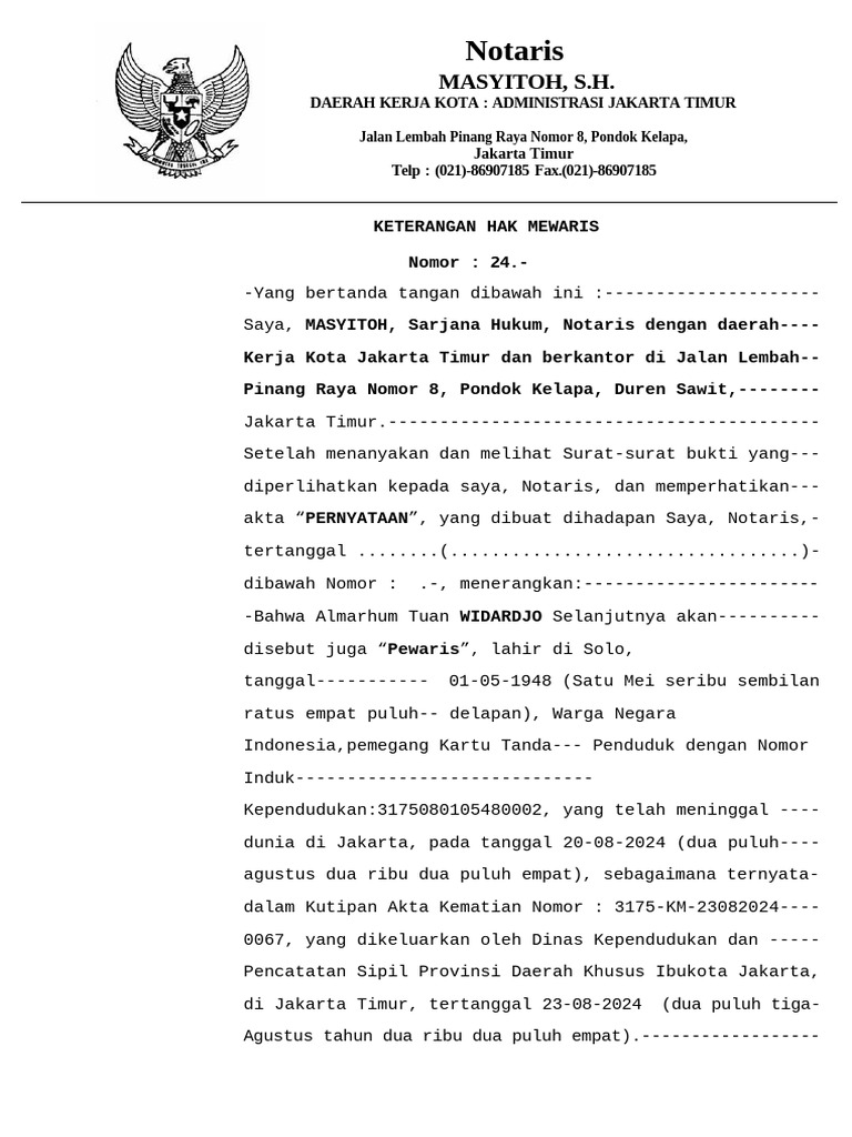 Final Draft Akta Waris Bapak Widardjo FINAL.21122024 | PDF