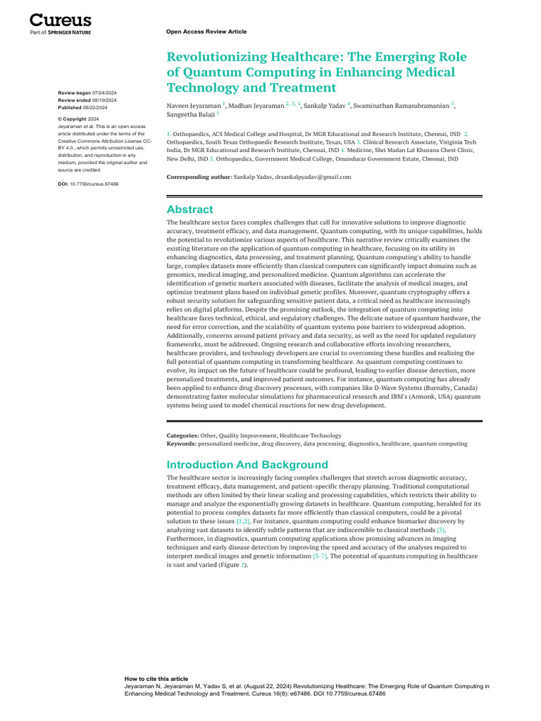 Revolutionizing Healthcare: The Emerging Role of Quantum Computing in Enhancing Medical ...