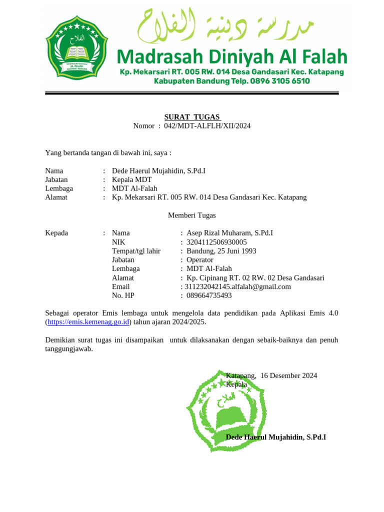 Contoh Format SK Opertor MDT | PDF