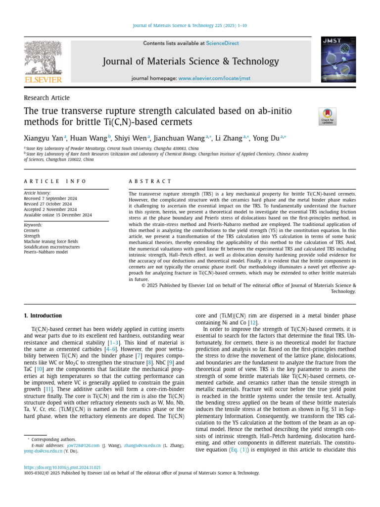 True Transverse Rupture Strength of Ti(C,N) Cermets | PDF | Dislocation ...