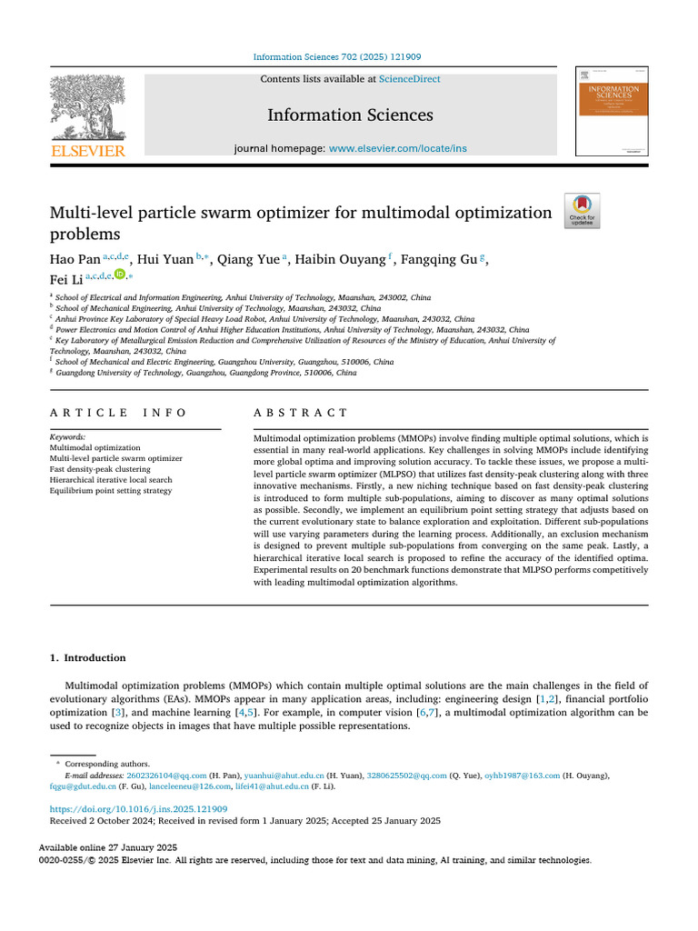 Multi Level Particle Swarm Optimizer For Multimodal Opt - 2025 - Information Sci | PDF | Cluster ...