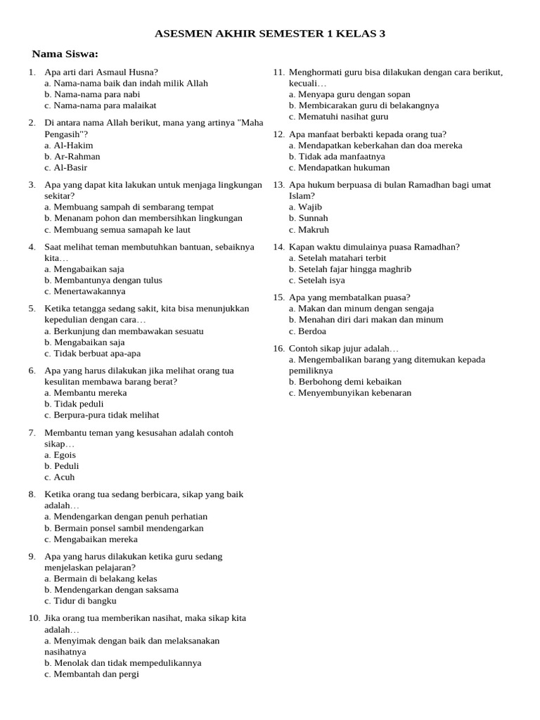 Soal Asesmen Akhir Semester Kelas 3 | PDF