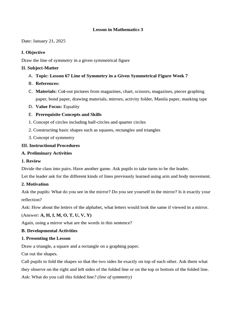 Complete Lesson Plan Grade 3 | PDF | Shape | Symmetry