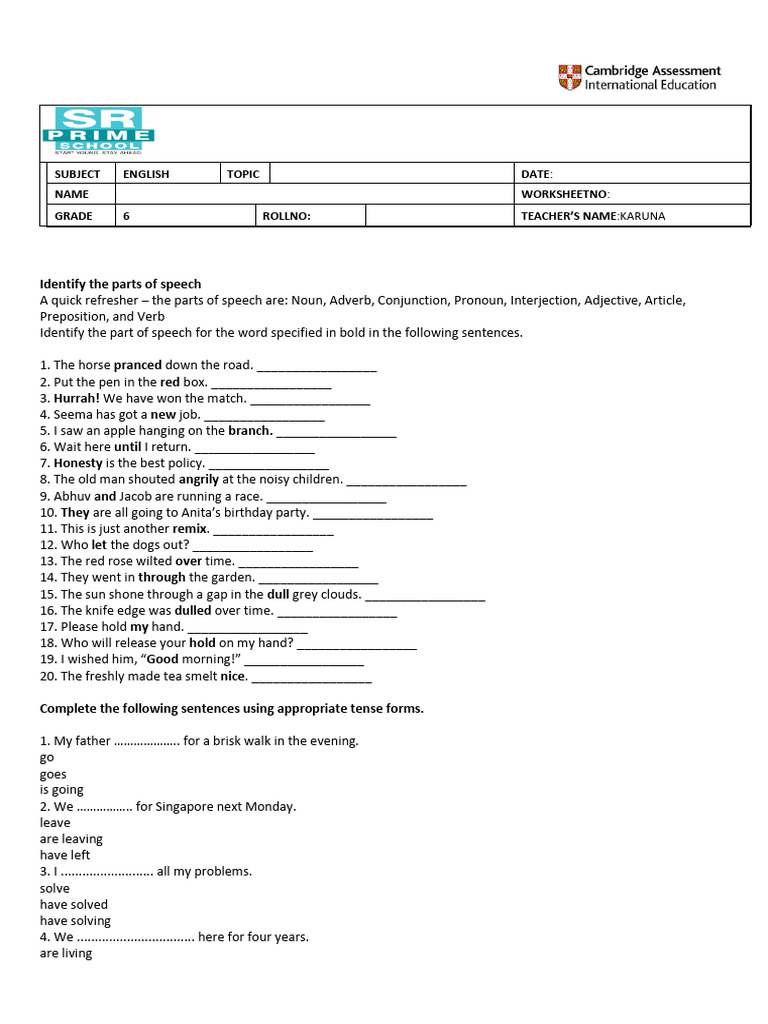 Parts of Speech and Tense Worksheet | PDF | Part Of Speech | Languages