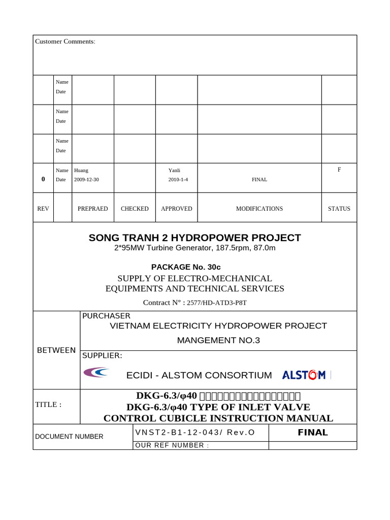 VNST2-B1-12-043 REV.0 DKG-6.3-f40 Type of Inlet Valve Control Cubicle Instruction Manual | PDF ...