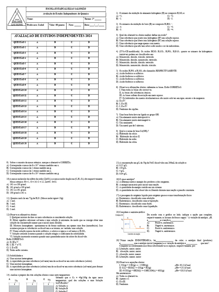 prova EI 2° ano | PDF | Entalpia | Solubilidade