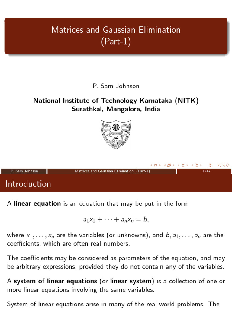 Matrices and Gaussian Elimination (Part-1) | PDF | Matrix (Mathematics) | System Of Linear Equations