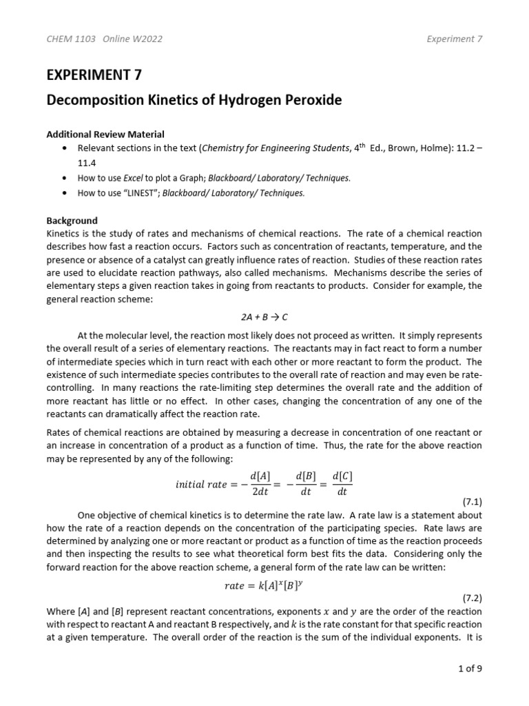 Exp.7 Decomposition Kinetics of Hydrogen Peroxide | PDF | Reaction Rate ...