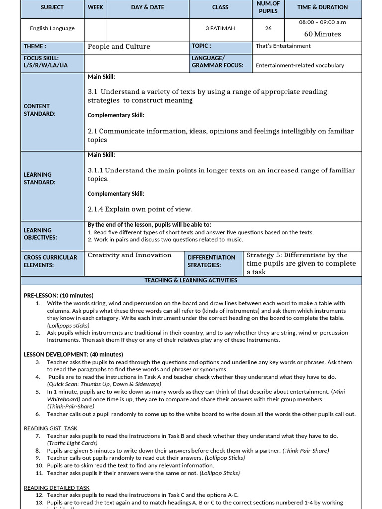 Form-3-Cefr-Lesson-Plan (Instrumen Standard) | PDF | Linguistics | Learning