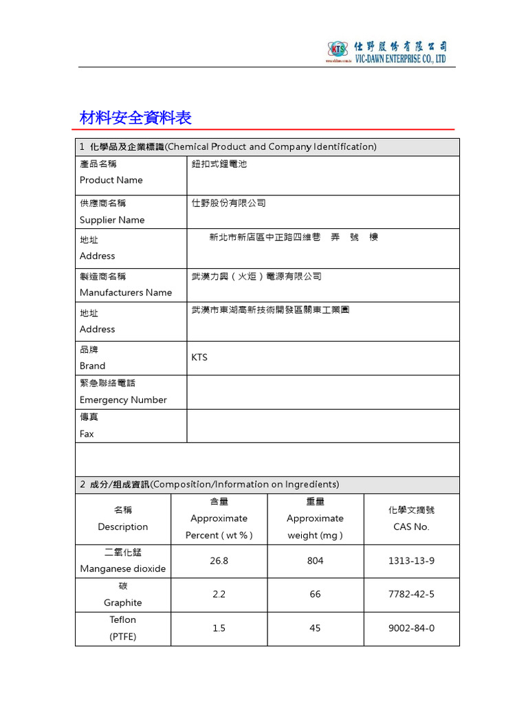 Kts Cr2032 Msds 2025 Ver. (裸電, 帶線共用) | PDF | Dangerous Goods | Carbon ...