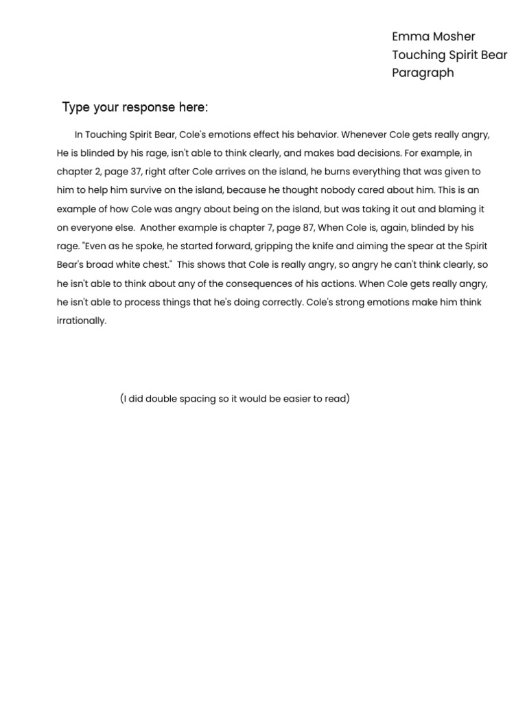 Type Your Response Here:: Emma Mosher Touching Spirit Bear Paragraph | PDF