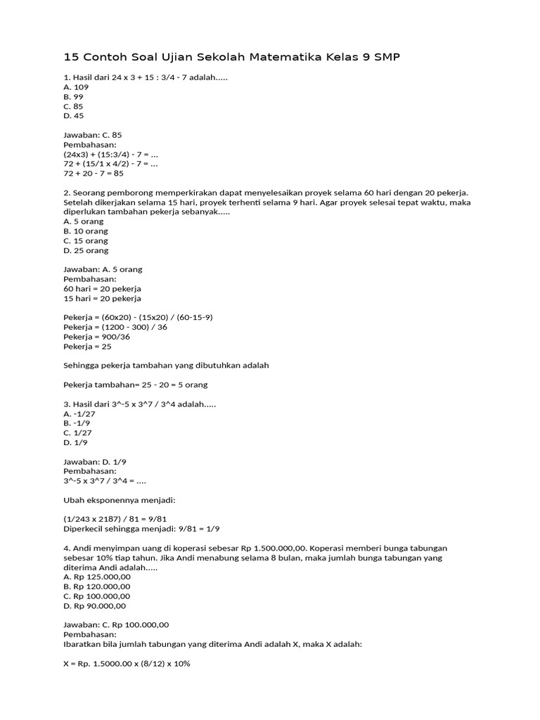 15 Contoh Soal Ujian Sekolah Matematika Kelas 9 SMP | PDF